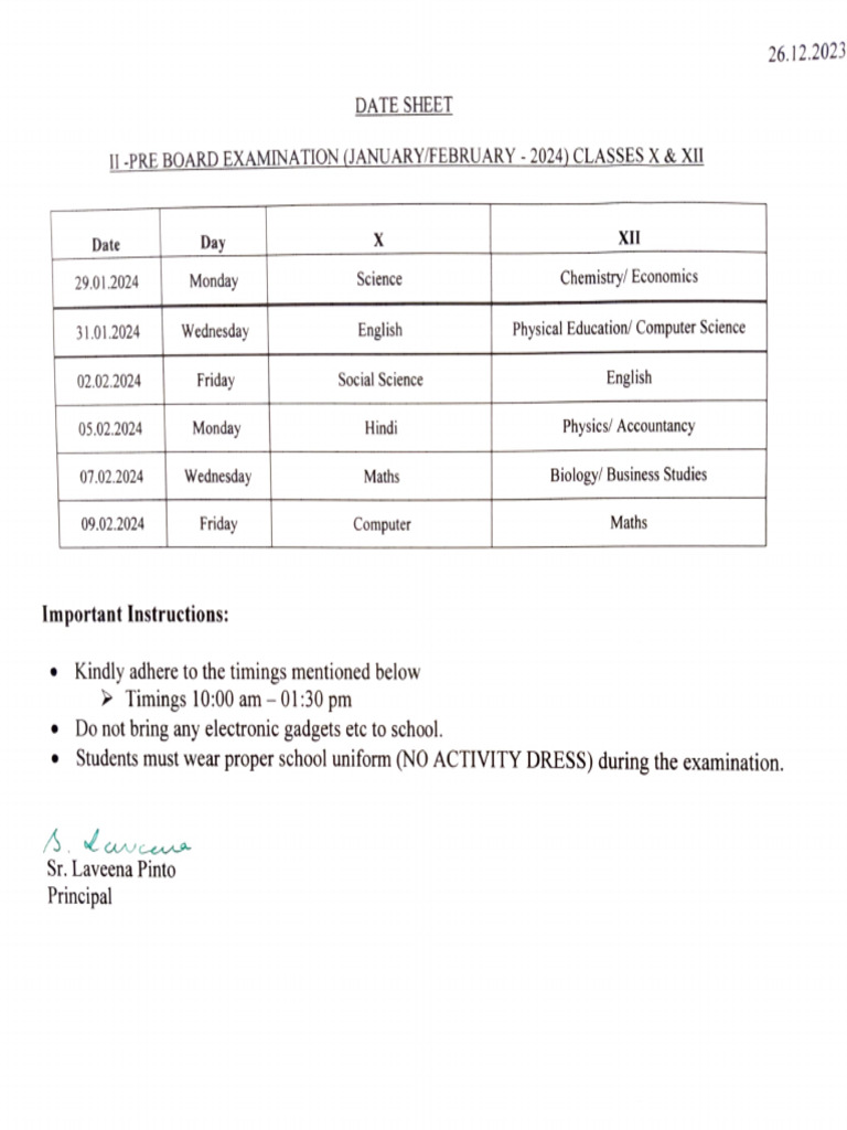 Pre-Board Exam Schedule 2024 | PDF
