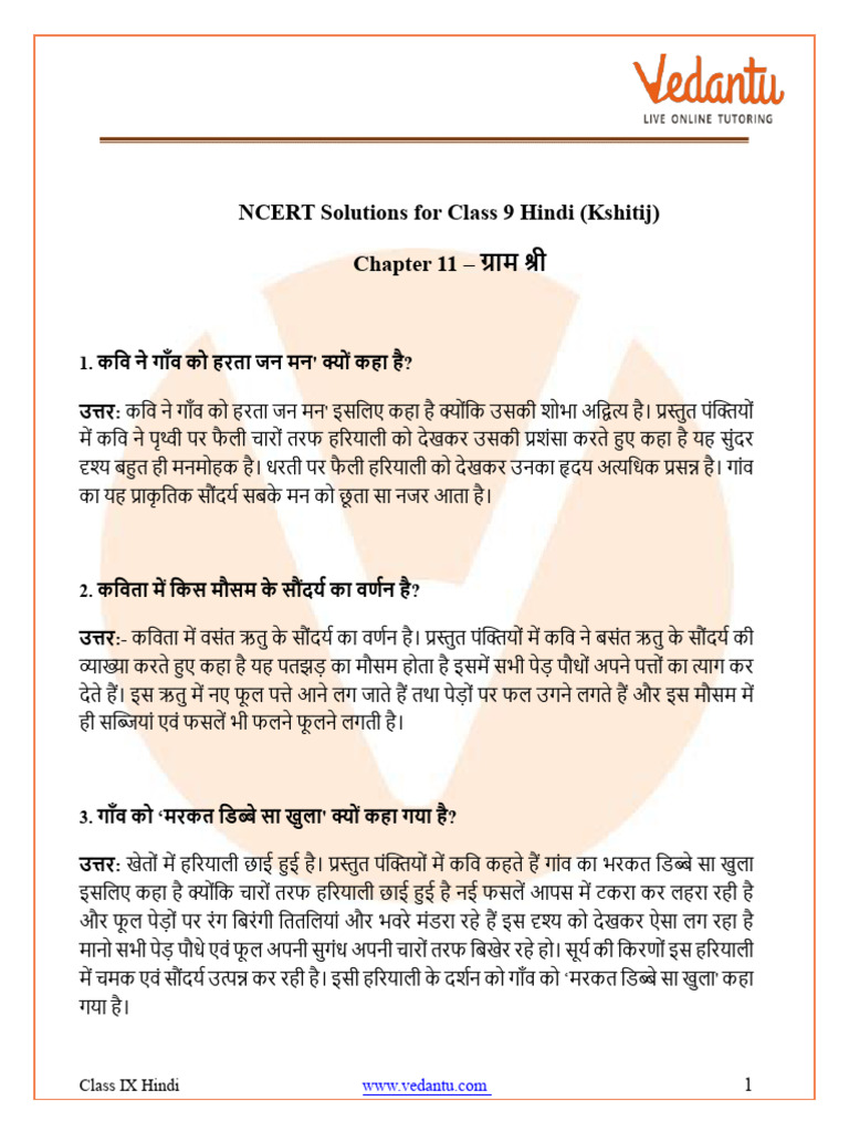 NCERT Solutions For Class 9 Hindi Kshitij Chapter 11 Gram Shri - Free ...