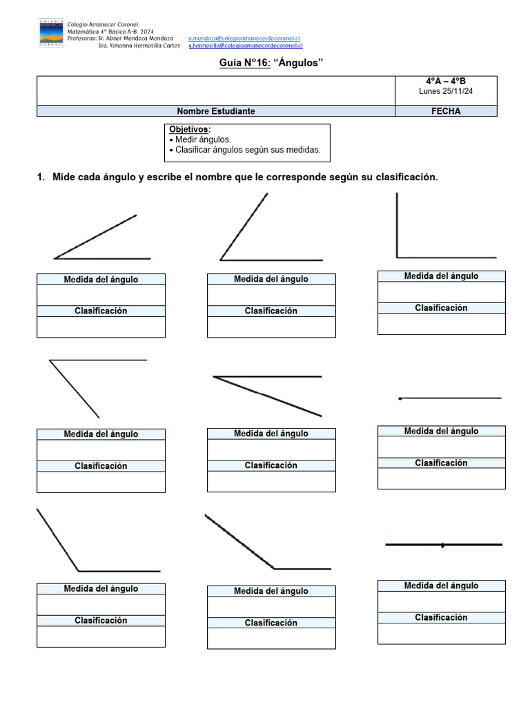 Guía 4° Básico A-B 2024, Medida y Clasificación de Ángulos | PDF