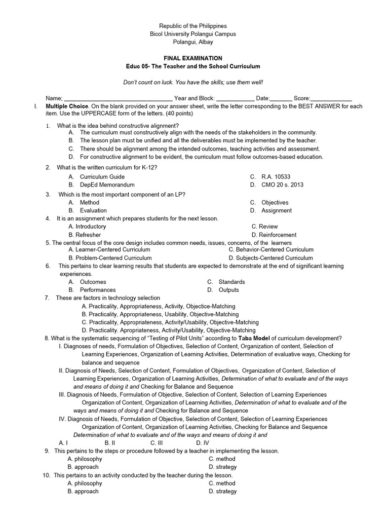 EDUC 5 Final Exam | PDF | Curriculum | Constructivism (Philosophy Of Education)