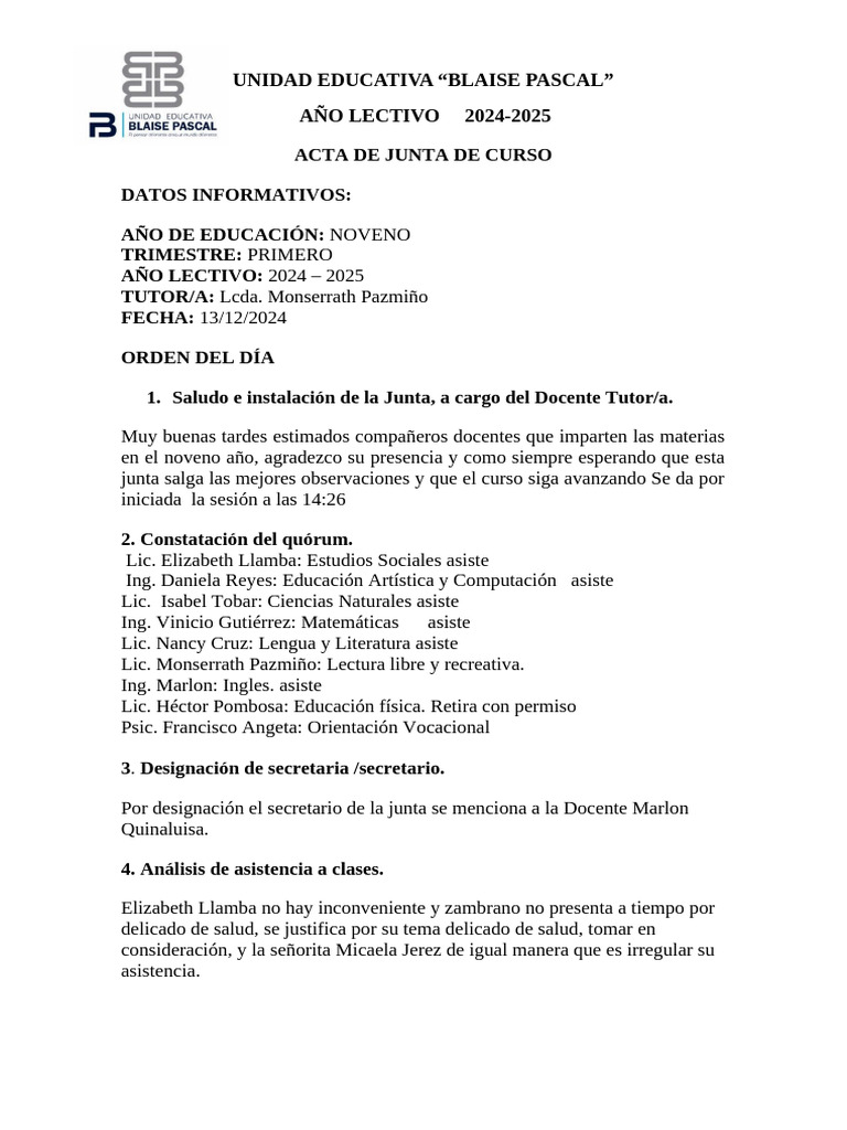 ACTA DE JUNTA DE CURSO Noveno 2024-2025. | PDF