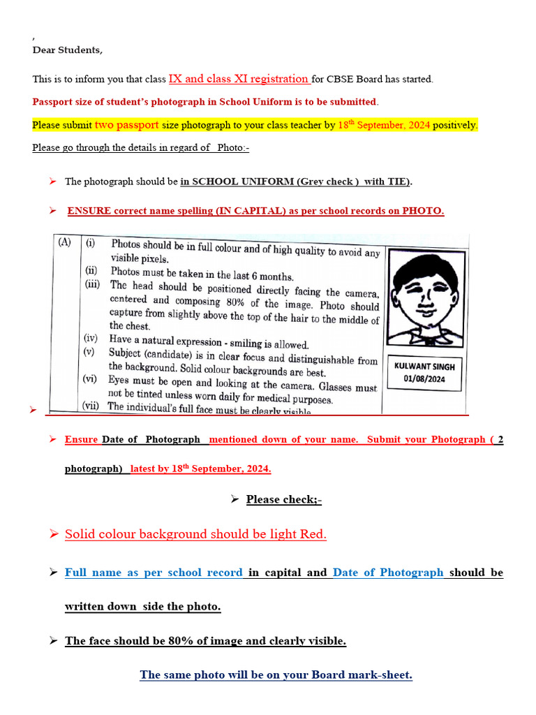 CBSE Class IX Registration Photo Guidelines | PDF