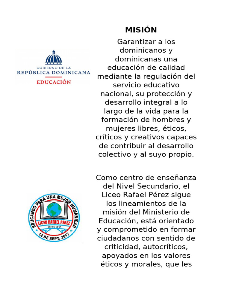 Mision, Vision y Valores de Liceo Rafael Perez | PDF