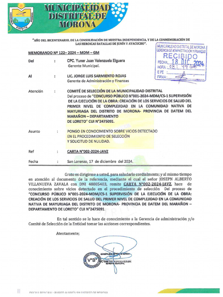 Memorando N°122-2024-Mdm-Gm | PDF