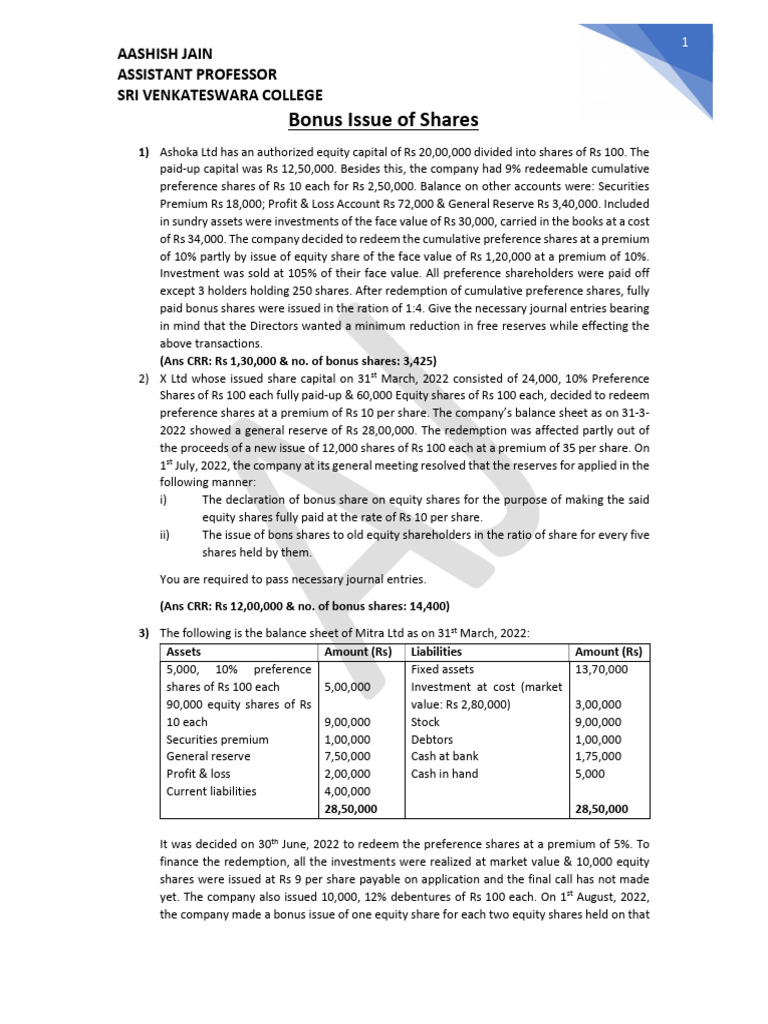 Bonus Issue of Shares Questions | PDF | Equity (Finance) | Balance Sheet