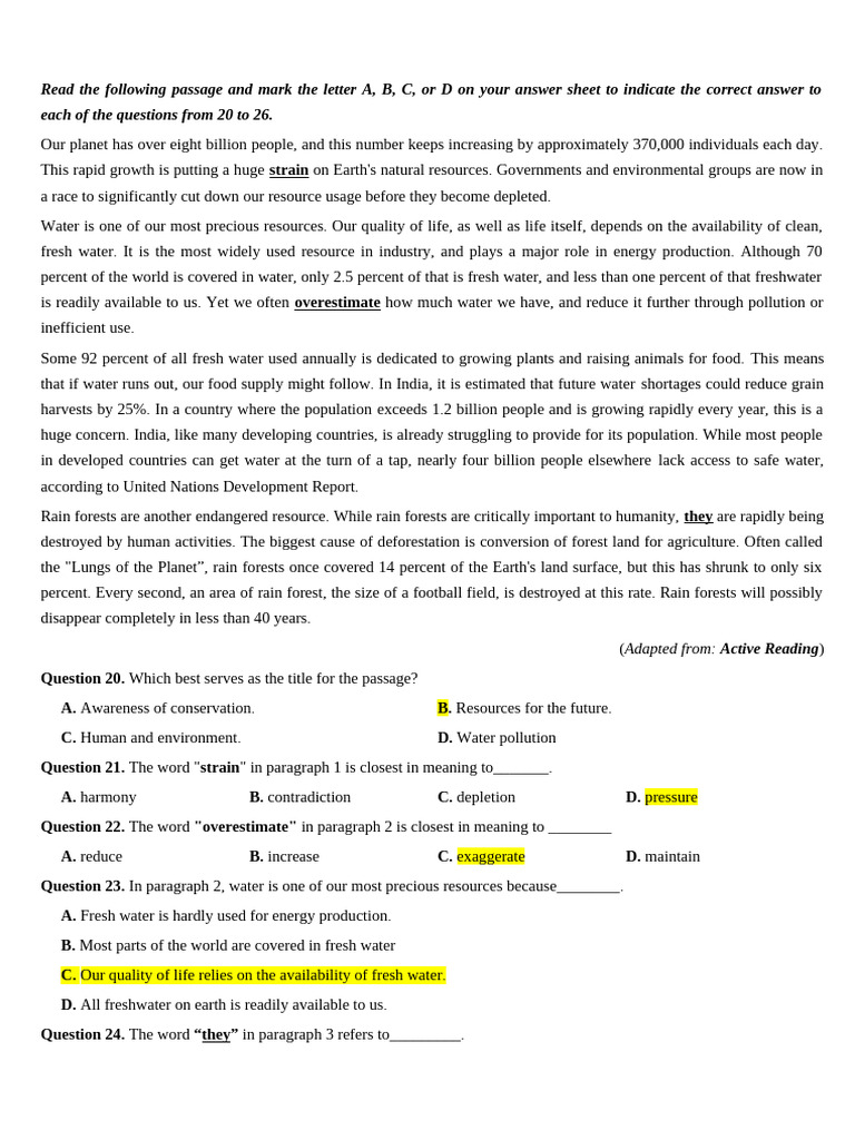 Read The Following Passage and Mark The Letter A | PDF | Water | Fresh ...