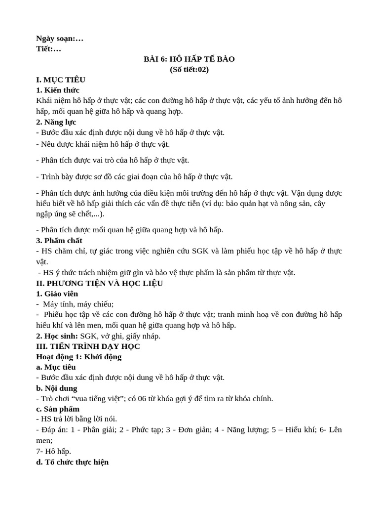 HÔ HẤP Ở THỰC VẬT - KNTT | PDF