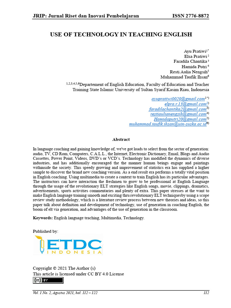 Use of Technology in Teaching English | PDF | Internet | Teachers