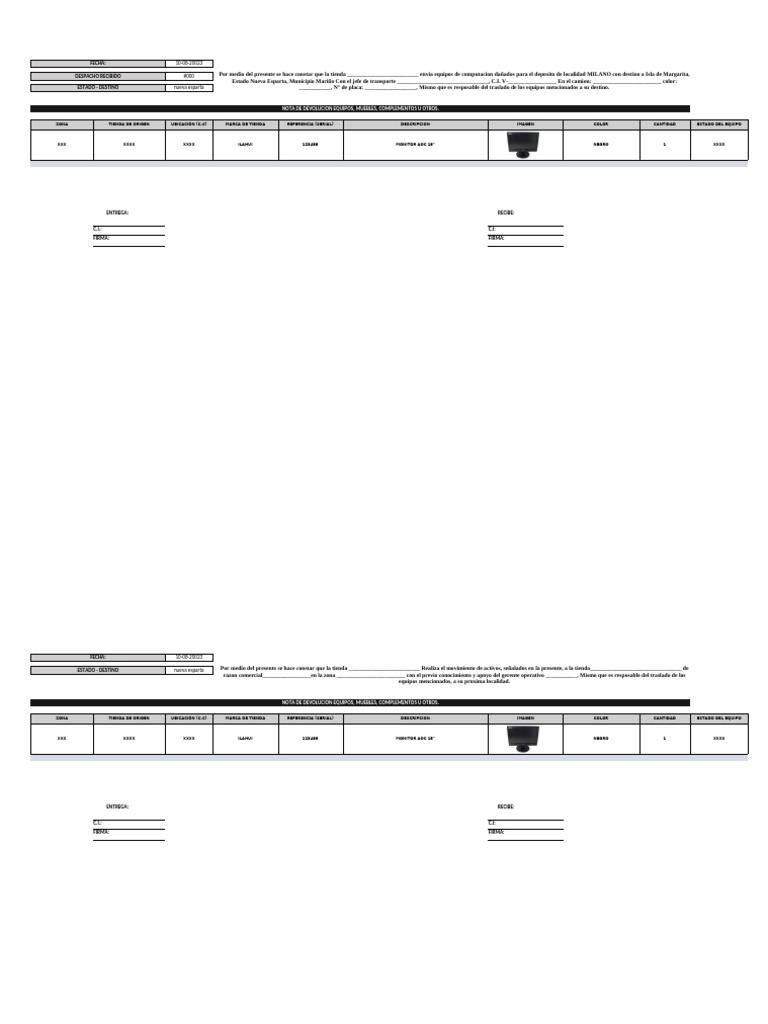 Formato Nota de Entrega Por Devolucion de Equipos | PDF