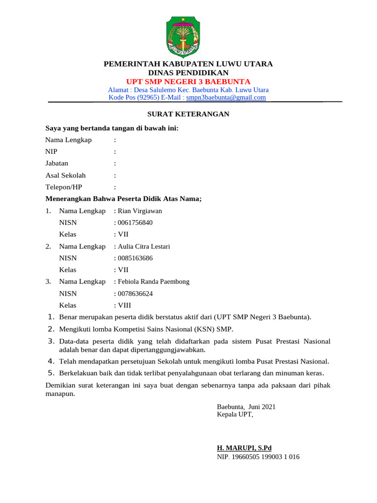 Surat Keterangan Peserta KSN | PDF