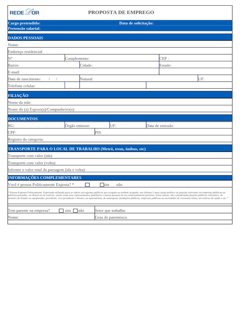 Ficha de Proposta de Emprego | PDF