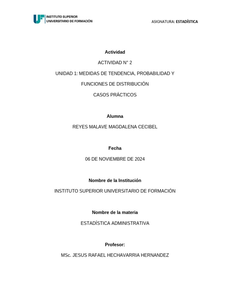Actividad No. 2 - Magdalena Reyes Malave | PDF | Mediana | Significado ...