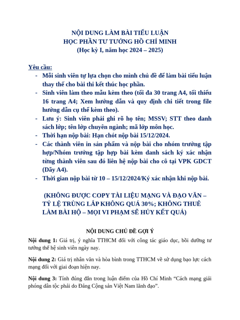 CHU DE TIỂU LUẬN TTHCM 2024 | PDF