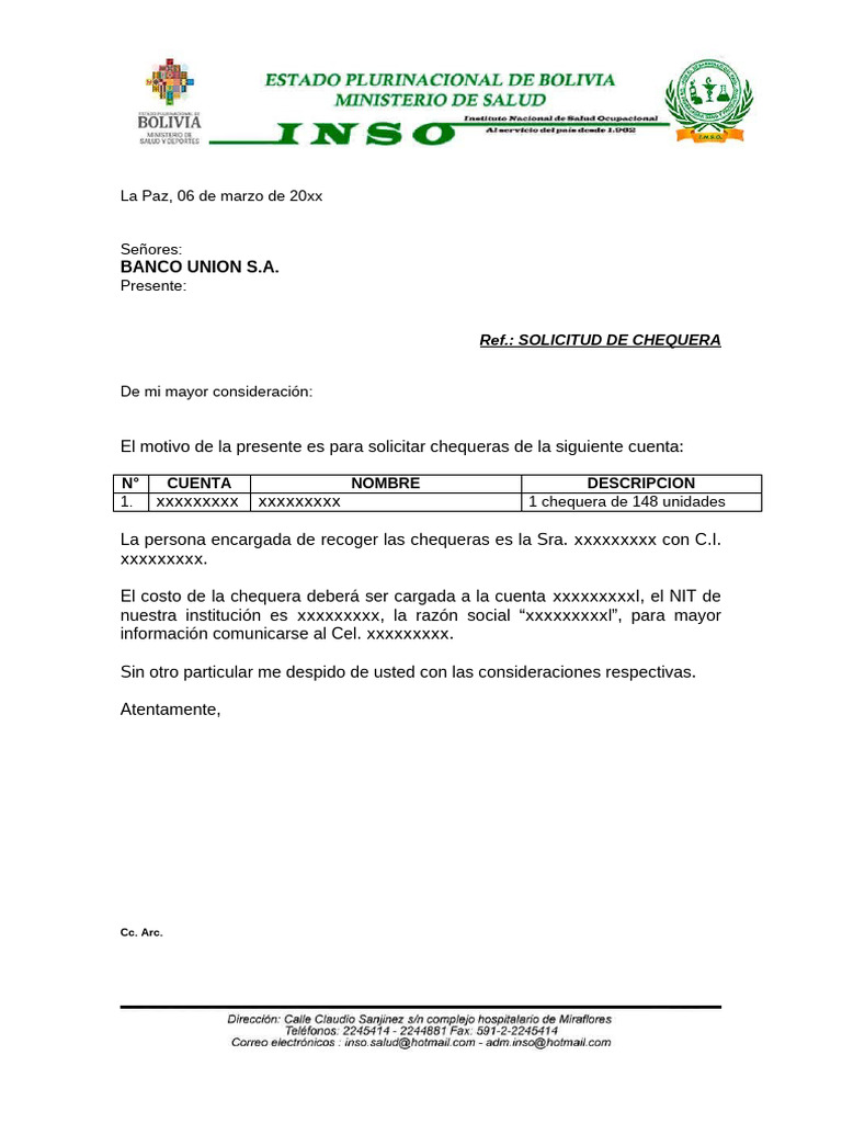 Carta Solicitud de Chequera 2024 Ejemplo | PDF