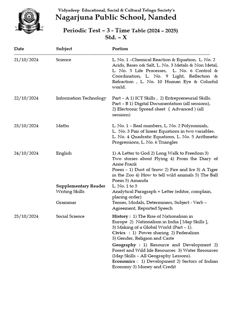 Periodic Test 3 Time Table for Std X | PDF | Linguistics