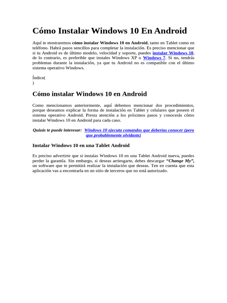 Pasos para instalar wimdows 10 en adroid, telefonos y en tablets | PDF | Windows 10 | Android ...
