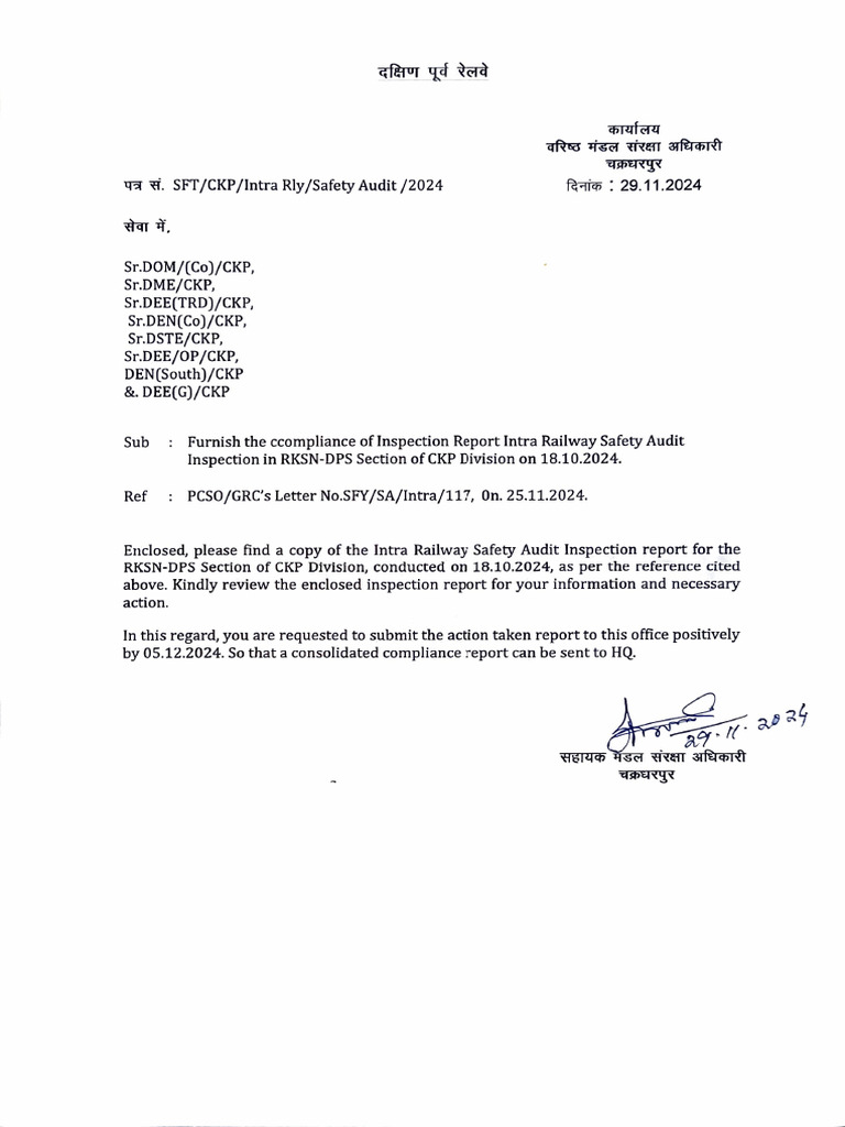 Intra Railway Safety Audit Inspection in RKSN-DPS of CKP Division on 18 ...