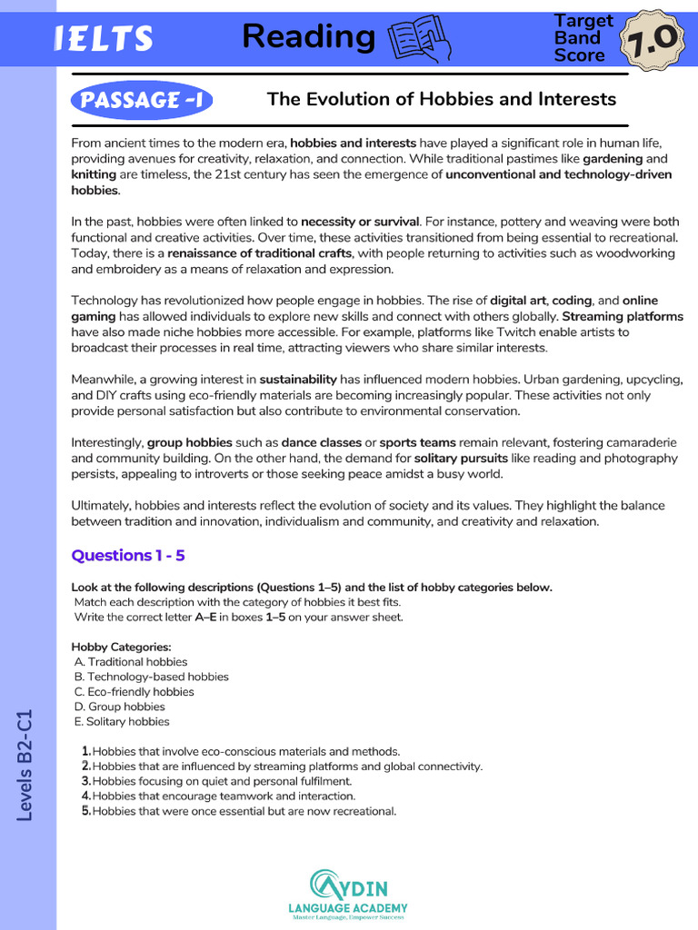 IELTS Reading Practice Worksheet 7.0 Hobbies and Interests | PDF | Waste | Reuse
