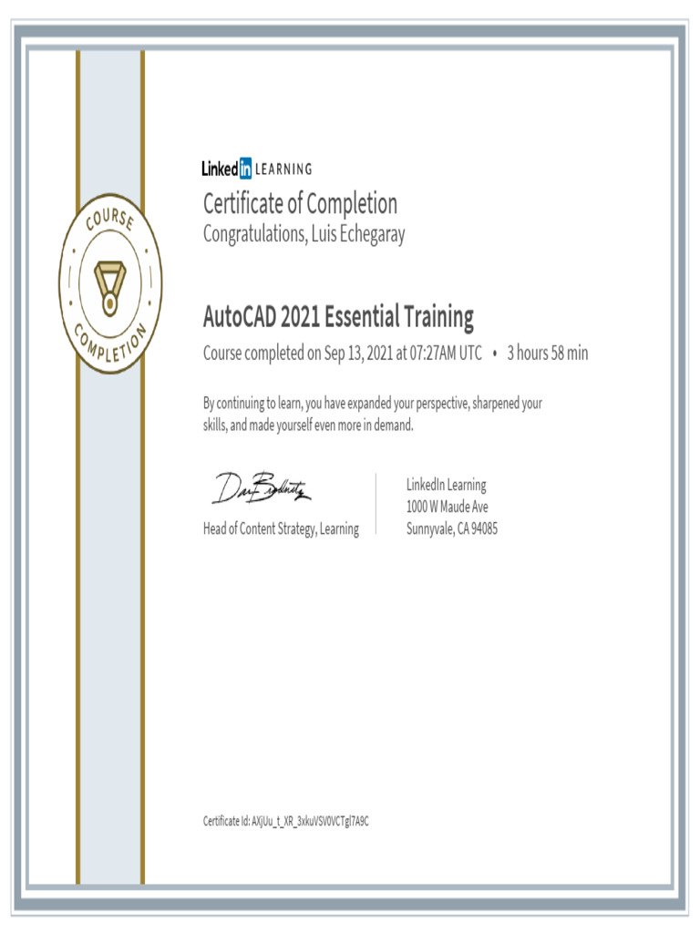 CertificateOfCompletion - AutoCAD 2021 Essential Training | PDF