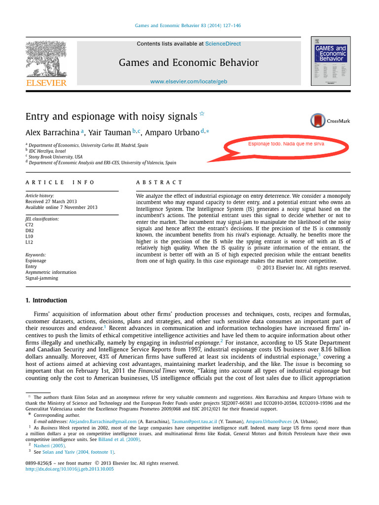 Entry and Espionage With Noisy Signals | PDF | Oligopoly | Odds