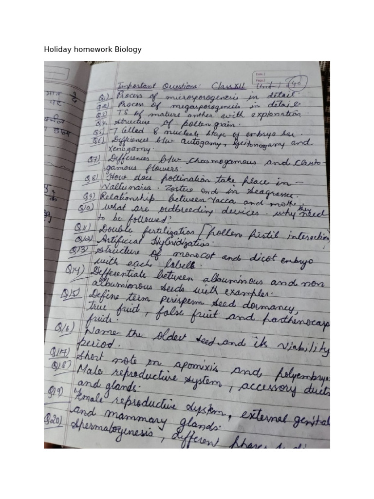 Holiday Homework Biology | PDF