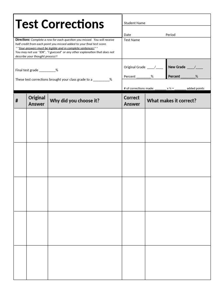 Test Corrections: # Original Answer Why Did You Choose It? Correct ...