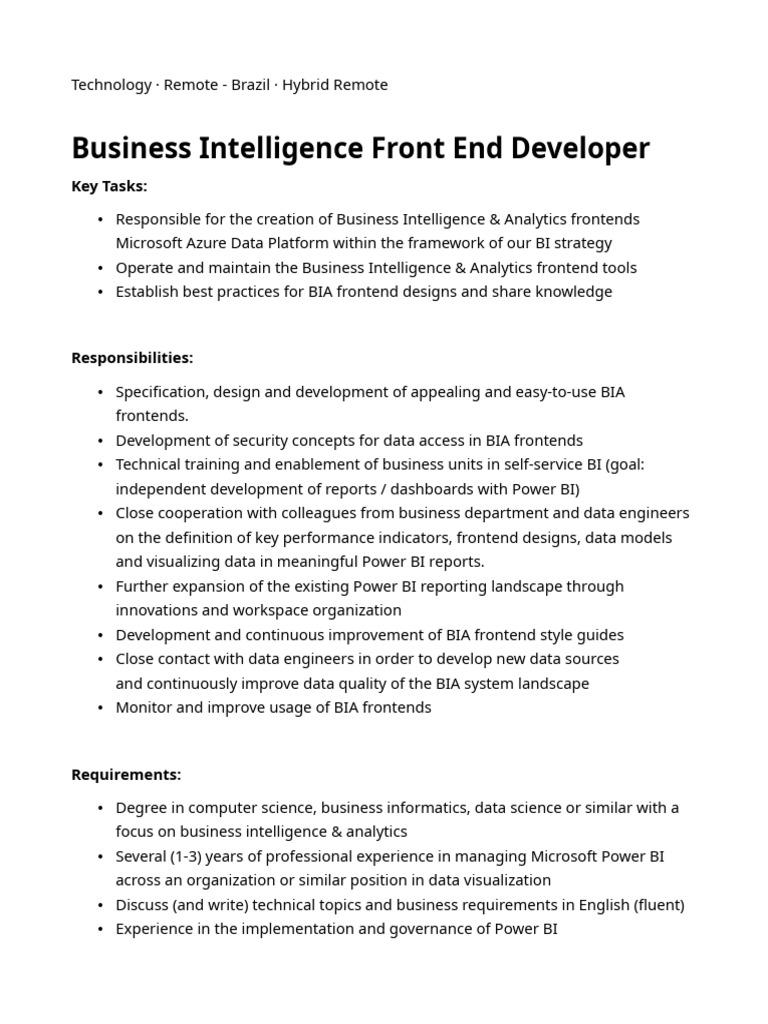 Business Intelligence Front End Developer | PDF | Business Intelligence | Data