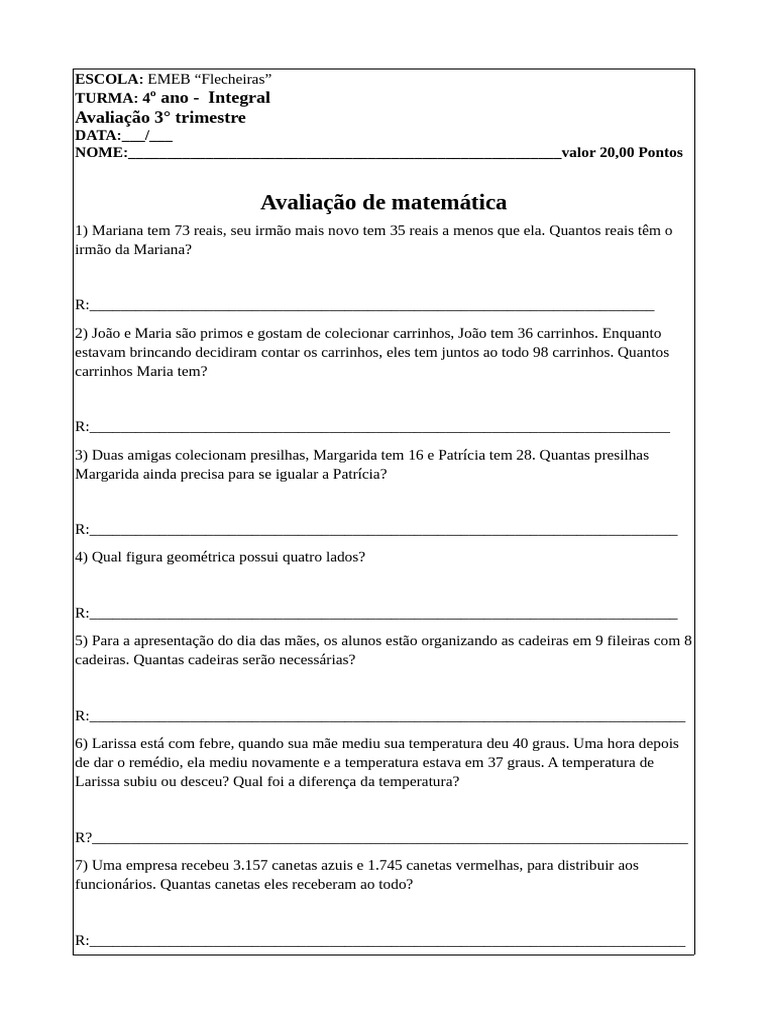 Avaliação de Matemática 4º Ano EMEB | PDF