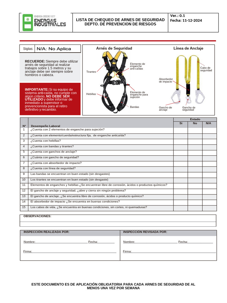 Check List Arnes de Seguridad | PDF