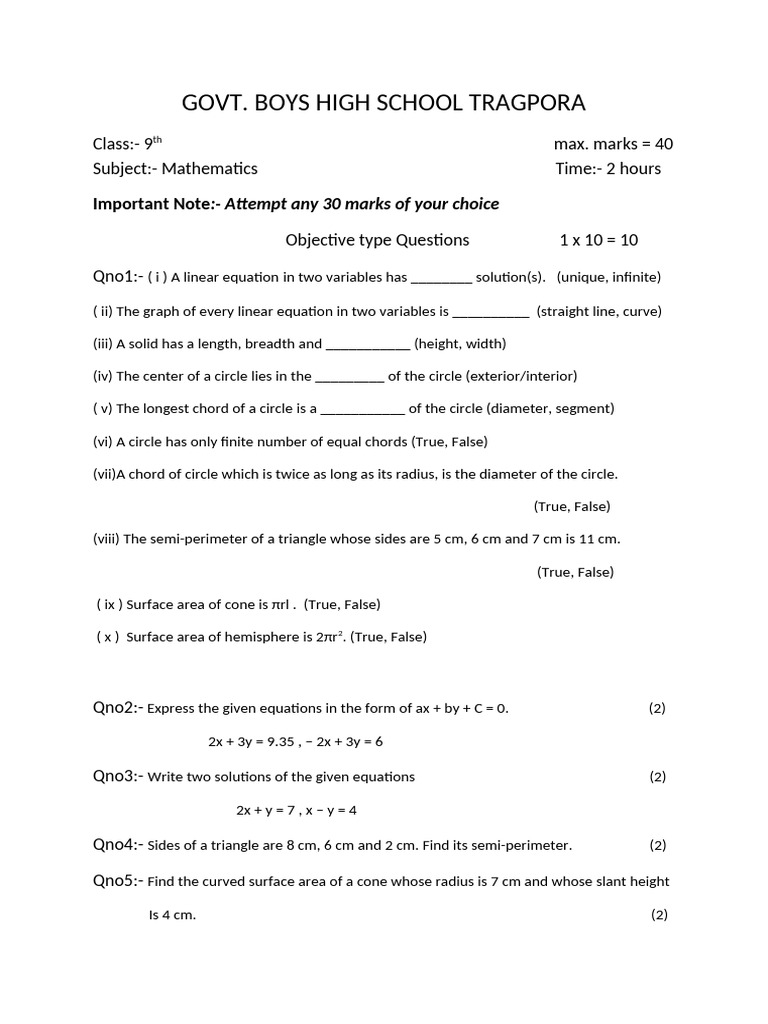 Class 9 Maths Model Question Paper 2024 | PDF | Area | Sphere