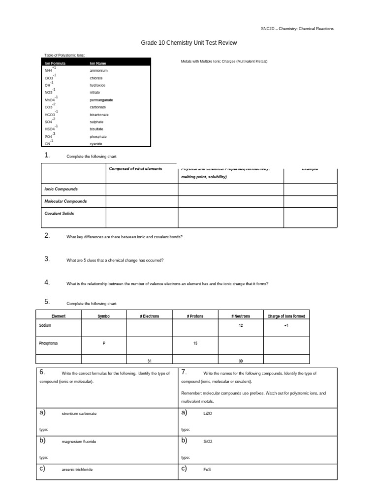 Chemistry_Unit_Test_Review -SNC2D1 | PDF | Chemical Compounds ...