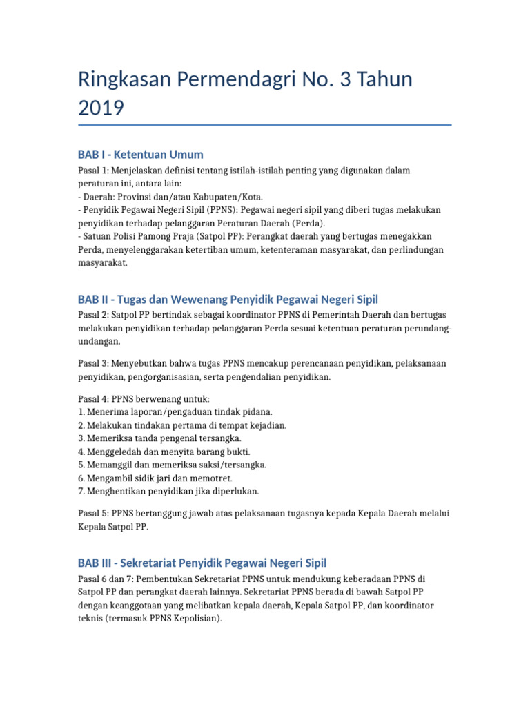 Ringkasan Permendagri 3 2019 | PDF