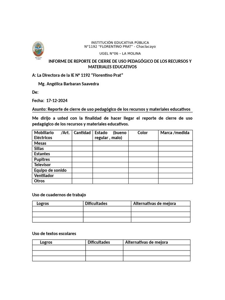 Informe de Reporte de Cierre de Uso Pedagógico de Los Recursos y Materiales Educativos | PDF