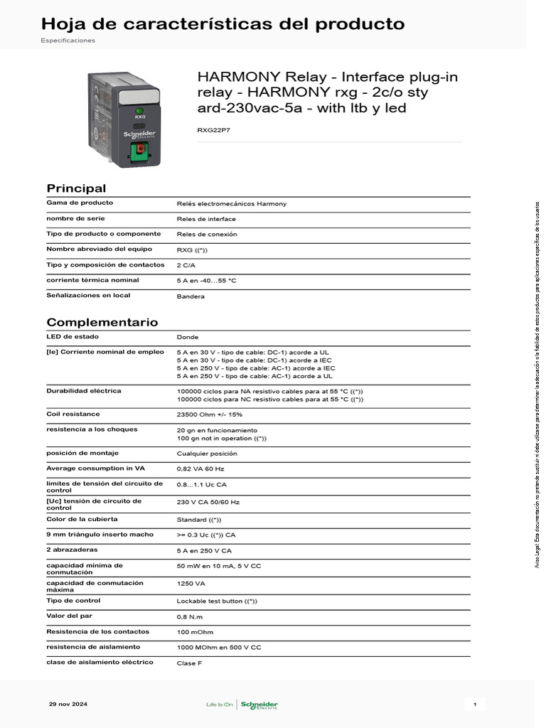Schneider Electric_Relé-Electromecánico-Harmony_RXG22P7 (1) | PDF ...