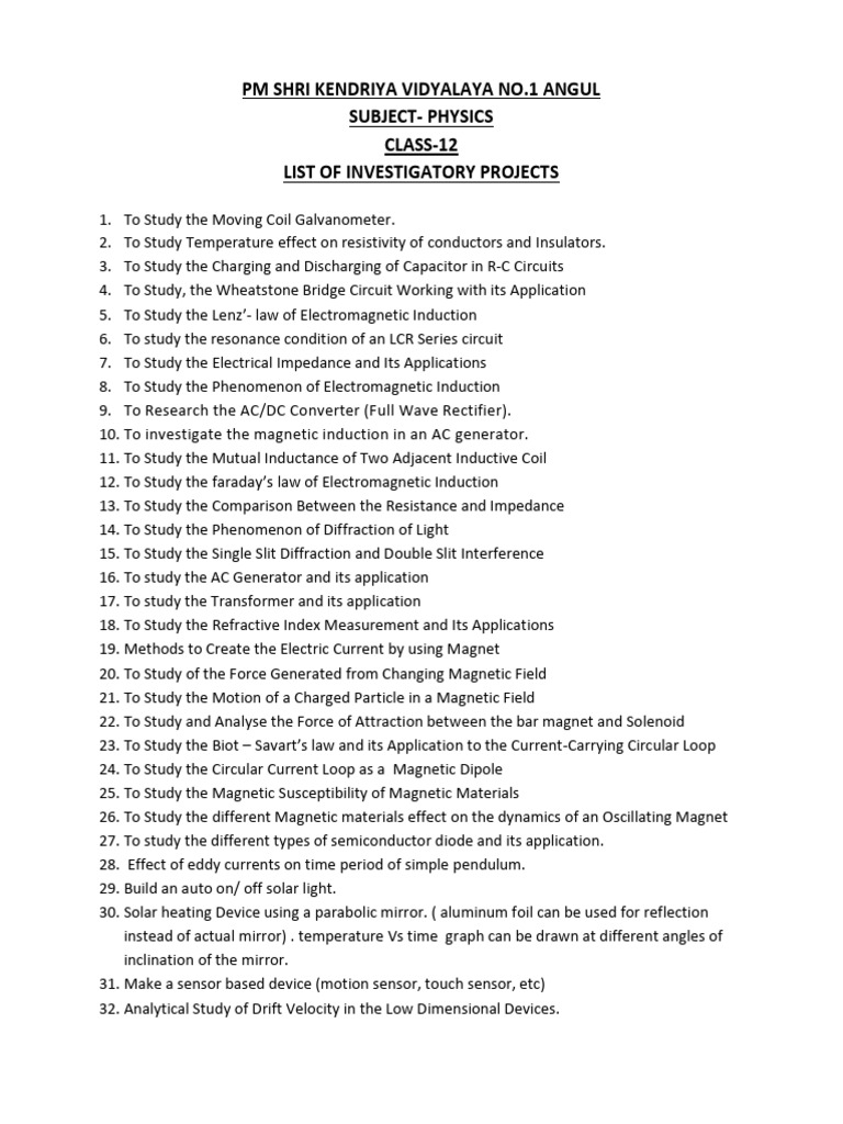 12-PHY Investigatory Project List | PDF