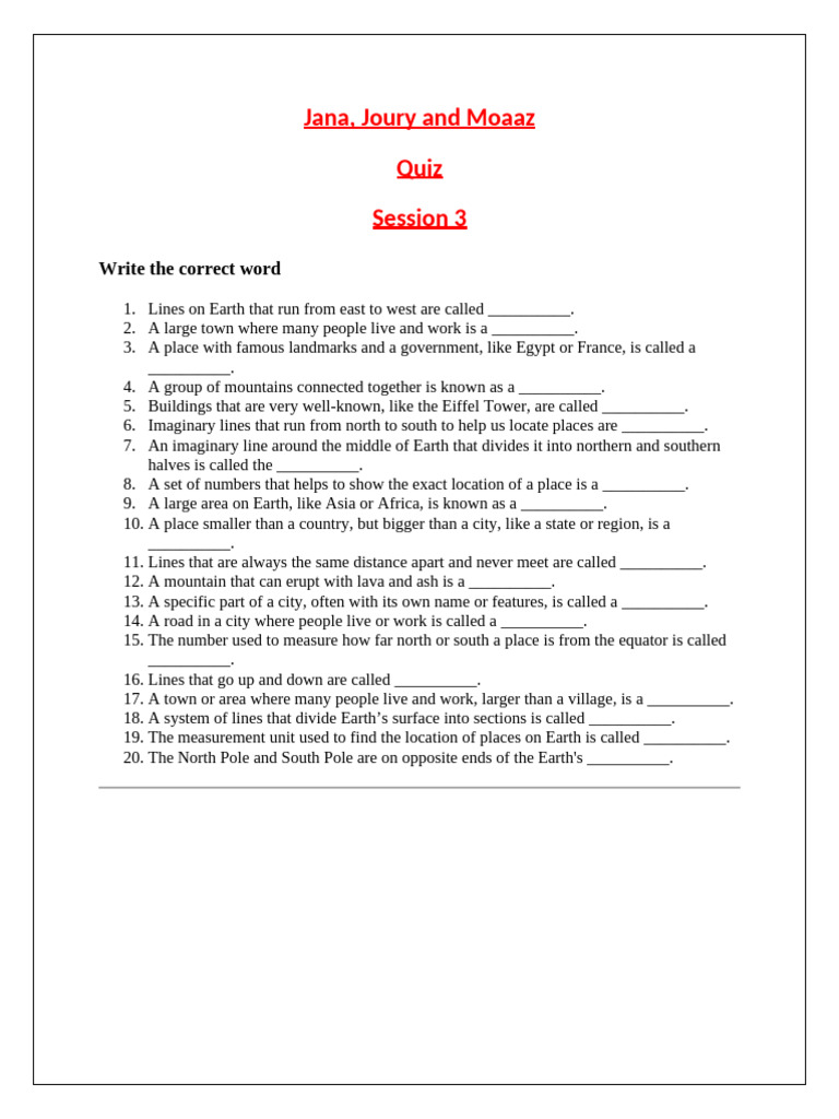 Jana, Joury Moaz Session 3 Quiz | PDF
