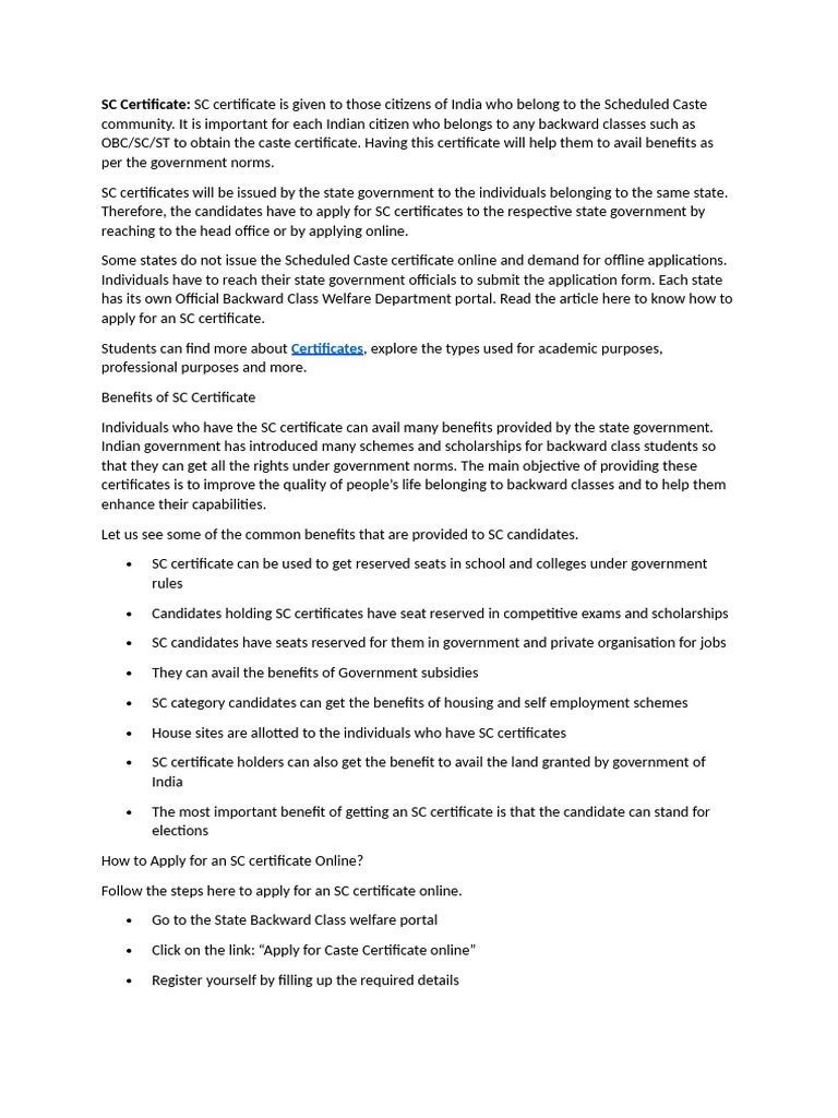 SC Certificate Apply Process | PDF