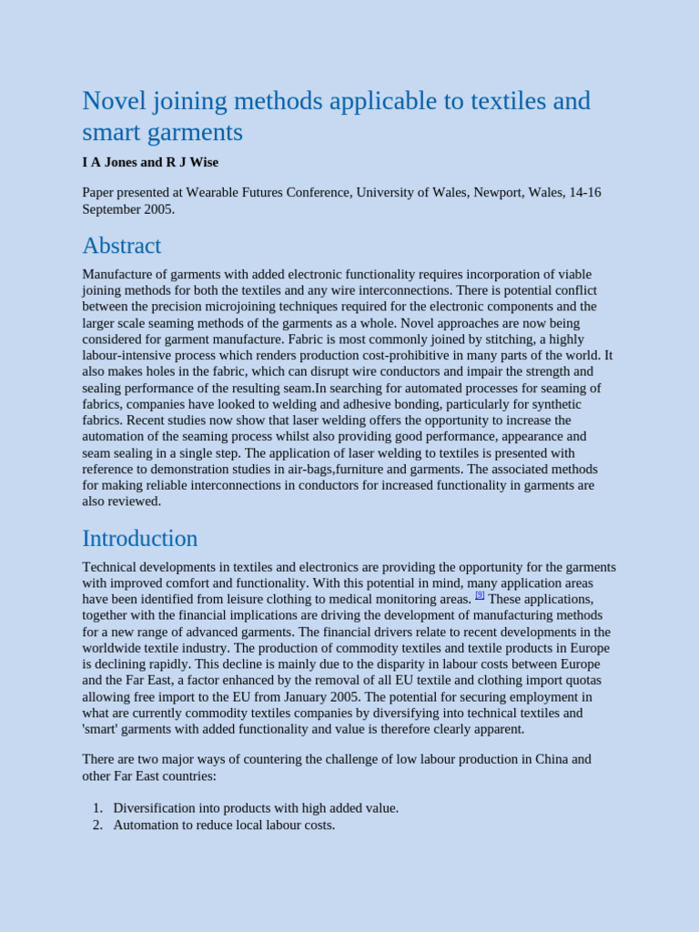 Novel Joining Methods Applicable To Textiles and Smart Garments | PDF ...