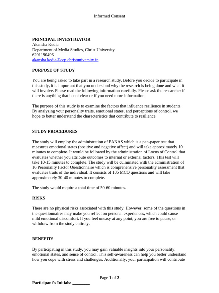 Informed Consent Template | PDF | Psychological Resilience | Emotions