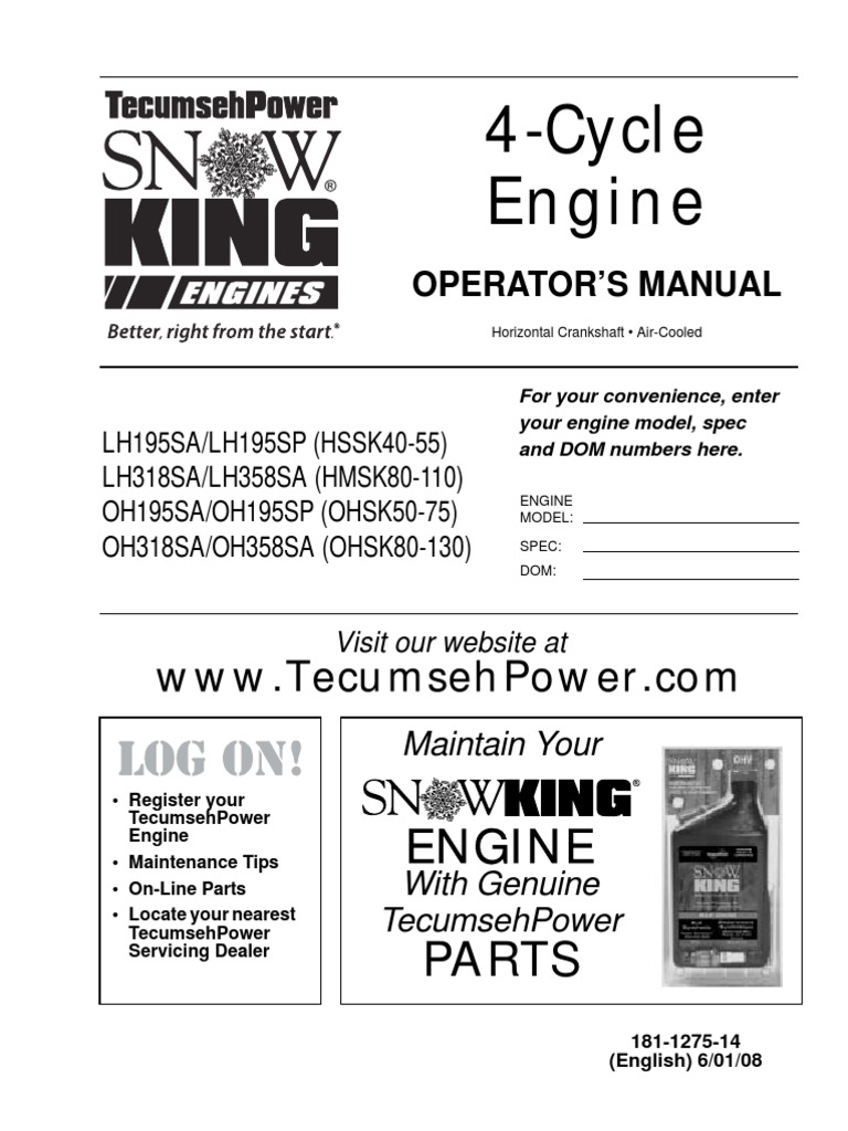 Tecumseh 4-Cycle Snow King Engines | PDF | Internal Combustion Engine ...