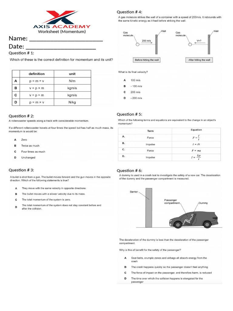 Momentum Worksheet for Students | PDF