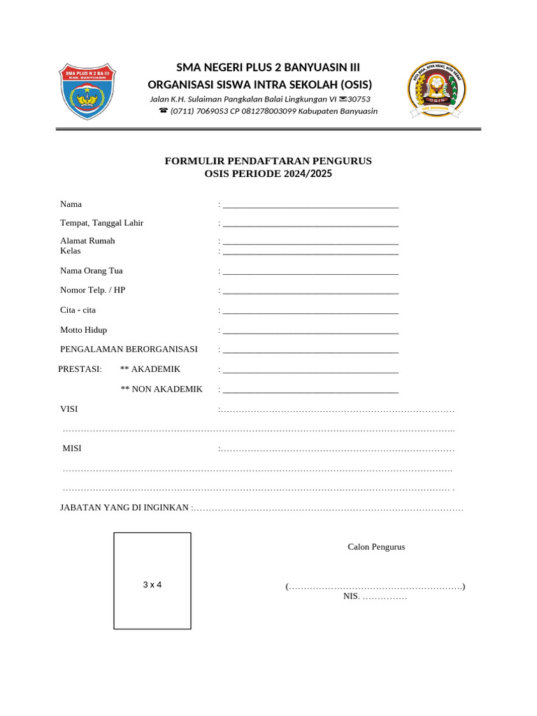Formulir Pendaftaran OSIS 2024/2025 | PDF