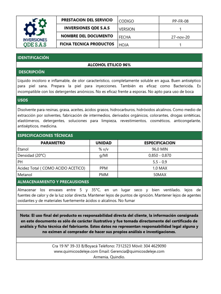 FT Alcohol Etilico Al 96% | PDF | Etanol | Solvente