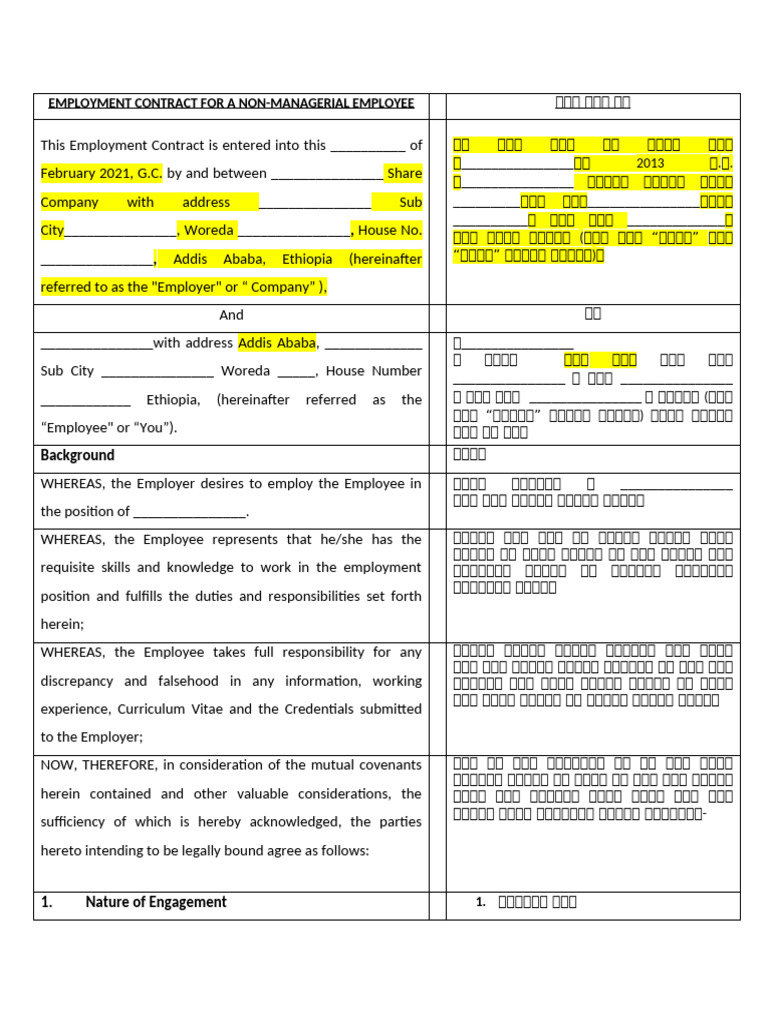 Non Managerial Employment Contract | PDF