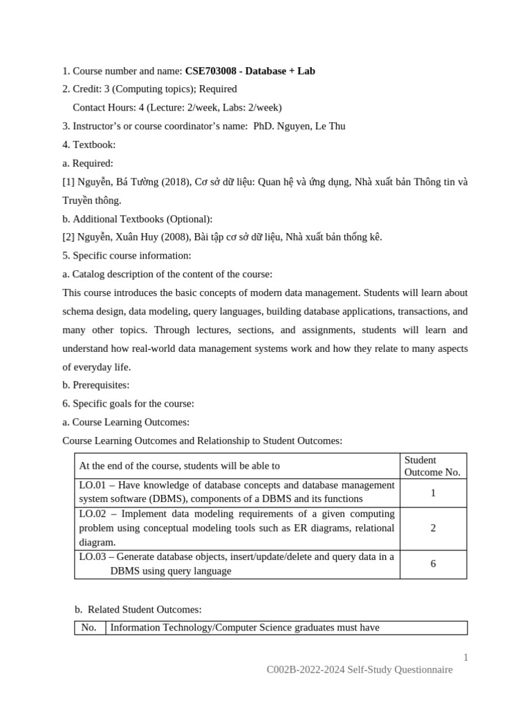 Syllabus - CSE703008 - Database + Lab | PDF | Databases | Relational Database