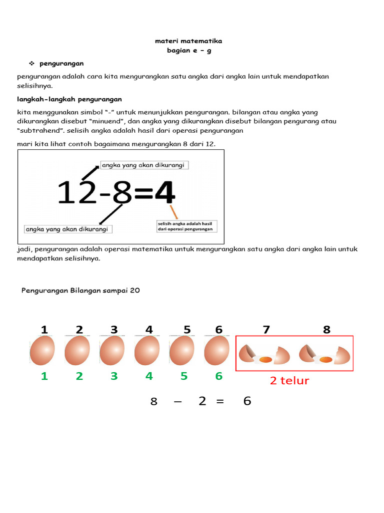 Materi Matematika Bagian E-G Kelas 1 | PDF