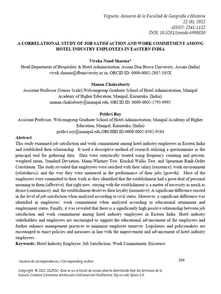 A correlational study of job satisfaction and work commitment among hotel industry employees in ...