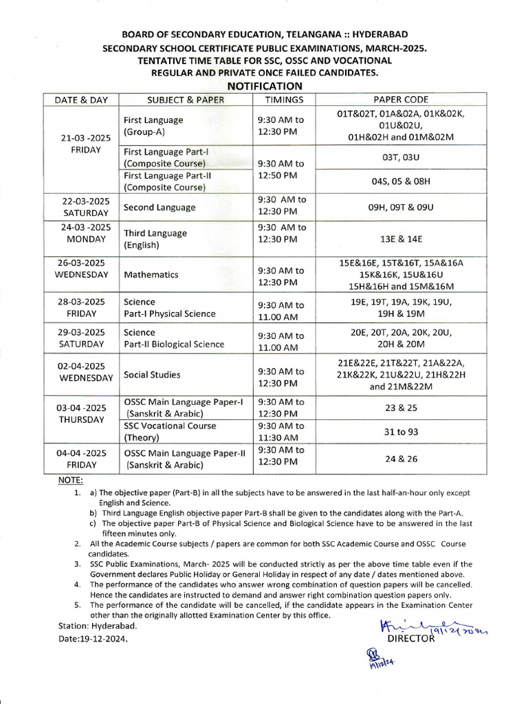Telangana SSC Timetable March 2025 | PDF