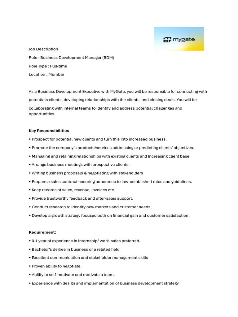 JD-Mumbai BDM | PDF | Business Development | Business