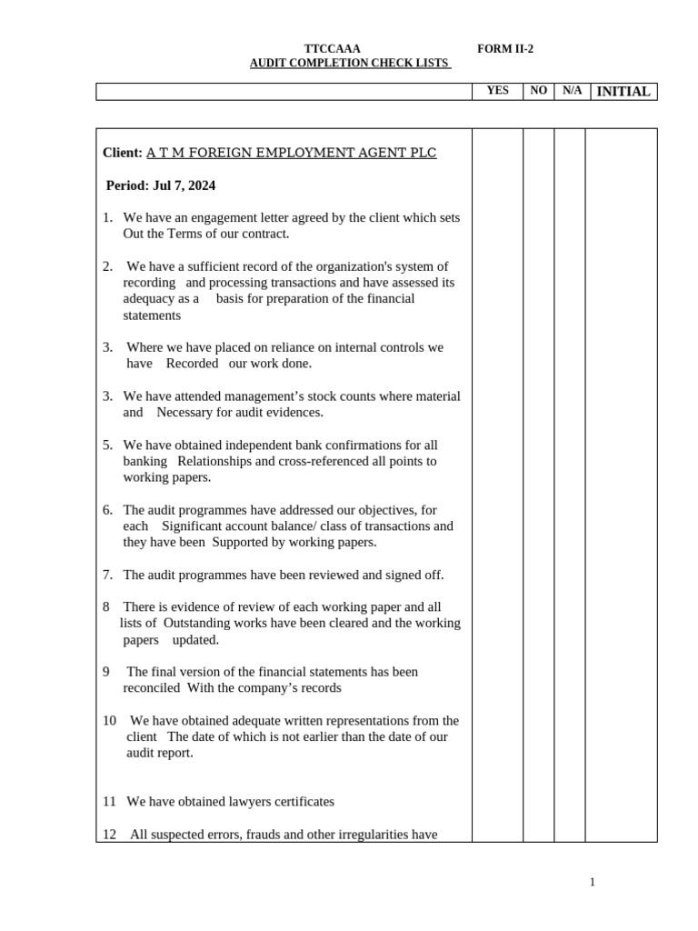 Audit Completion Checklist (9) | PDF | Audit | Going Concern